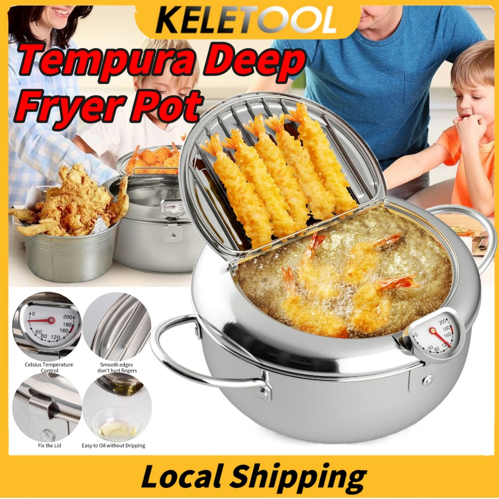 Japanese Tempura Deep Fryer Pot 304 Stainless Steel with Thermometer ...