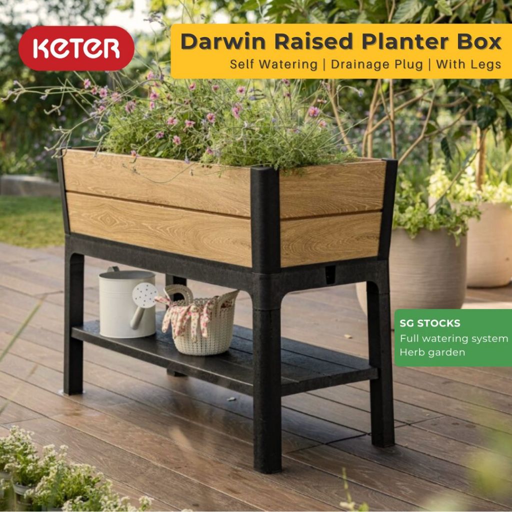 Keter Darwin Outdoor Flower Planter Garden Bed Ashwood Brown with Leg ...