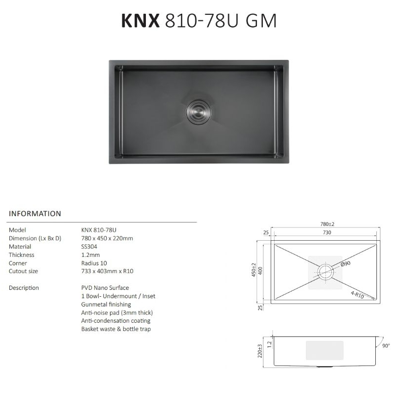Rubine Kin Nano Series Stainless Steel Kitchen Sink KNX 810-78U-GM (1yr ...