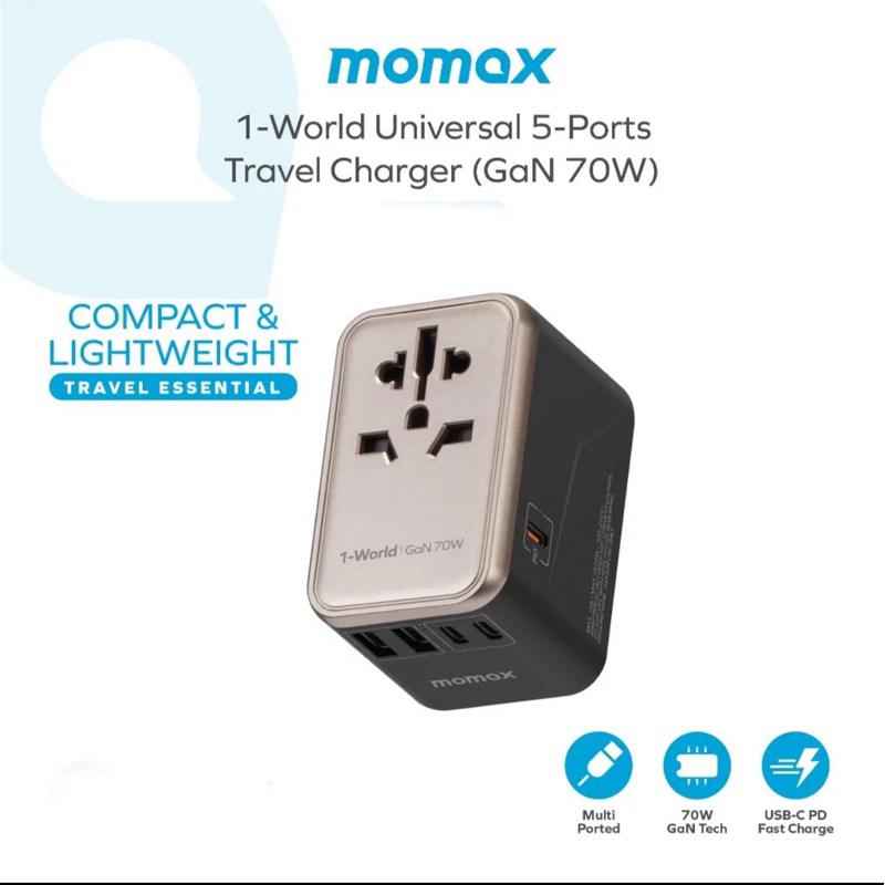 Momax UA8AD 1-World 70W GaN 5 Ports + AC Universal Travel Adaptor ...