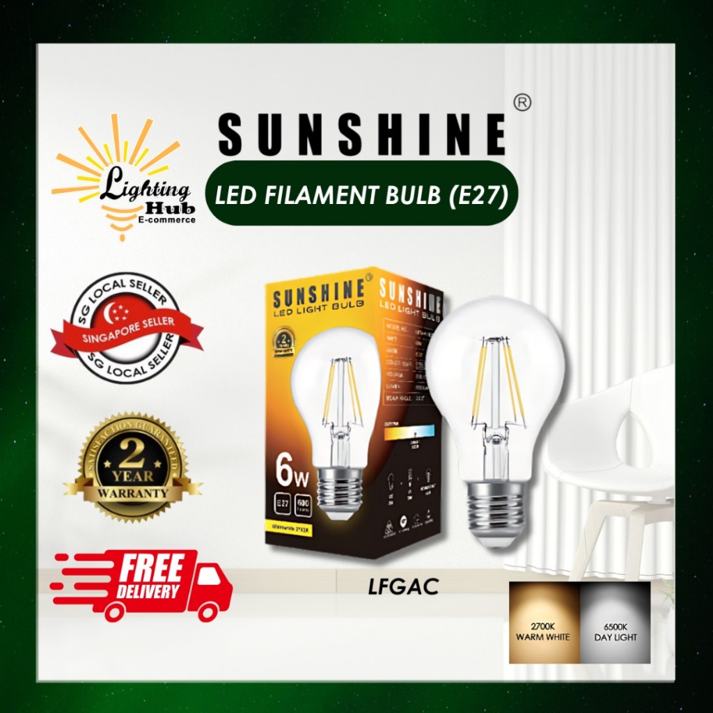 SUNSHINE LED Filament Bulb E27 LFGAC 6W 2700K(warm)Edison Retro Lamp ...