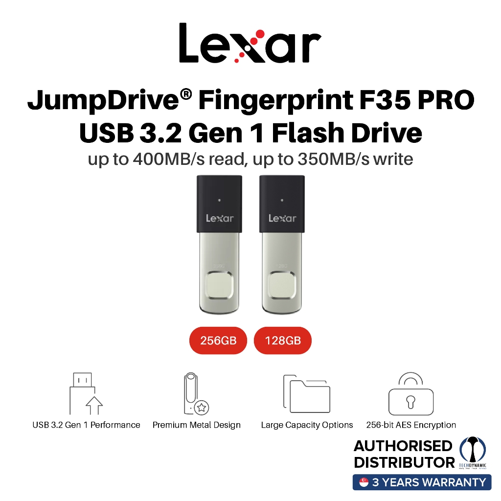 LEXAR JumpDrive Fingerprint F35 PRO USB 3.2 Gen 1, up to 400MB/s read ...