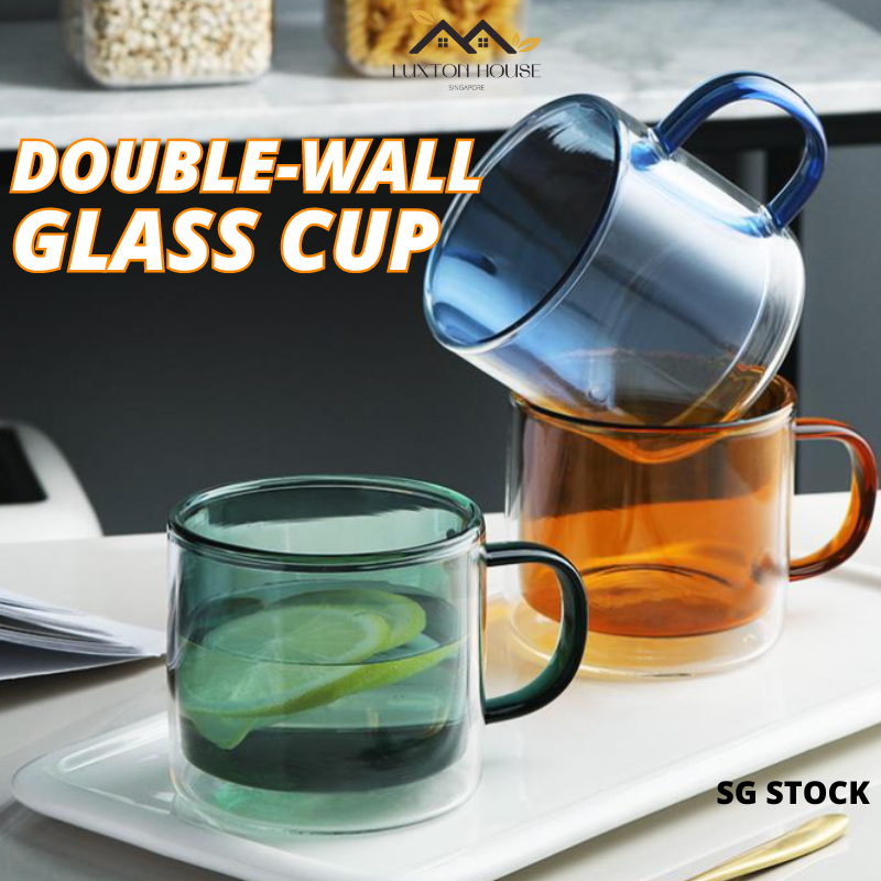 {SG} 320ml Double Wall Glass Cup Clear Drinking Glass Mug Milk Coffee ...