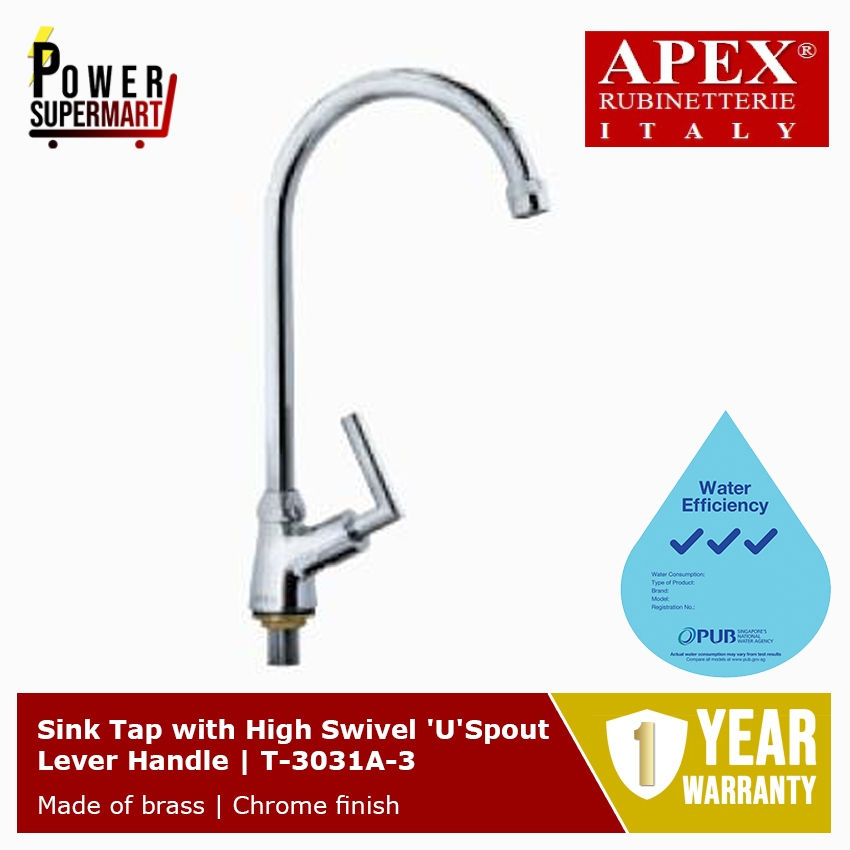 APEX T-3031A-3 | Sink Tap with High Swivel 'U'Spout Lever Handle | L185 ...