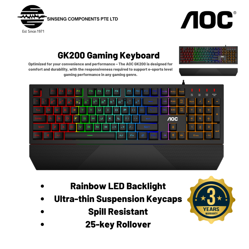 AOC Keyboard GK200 Gaming Key Board Rainbow LED Backlight | Spill ...