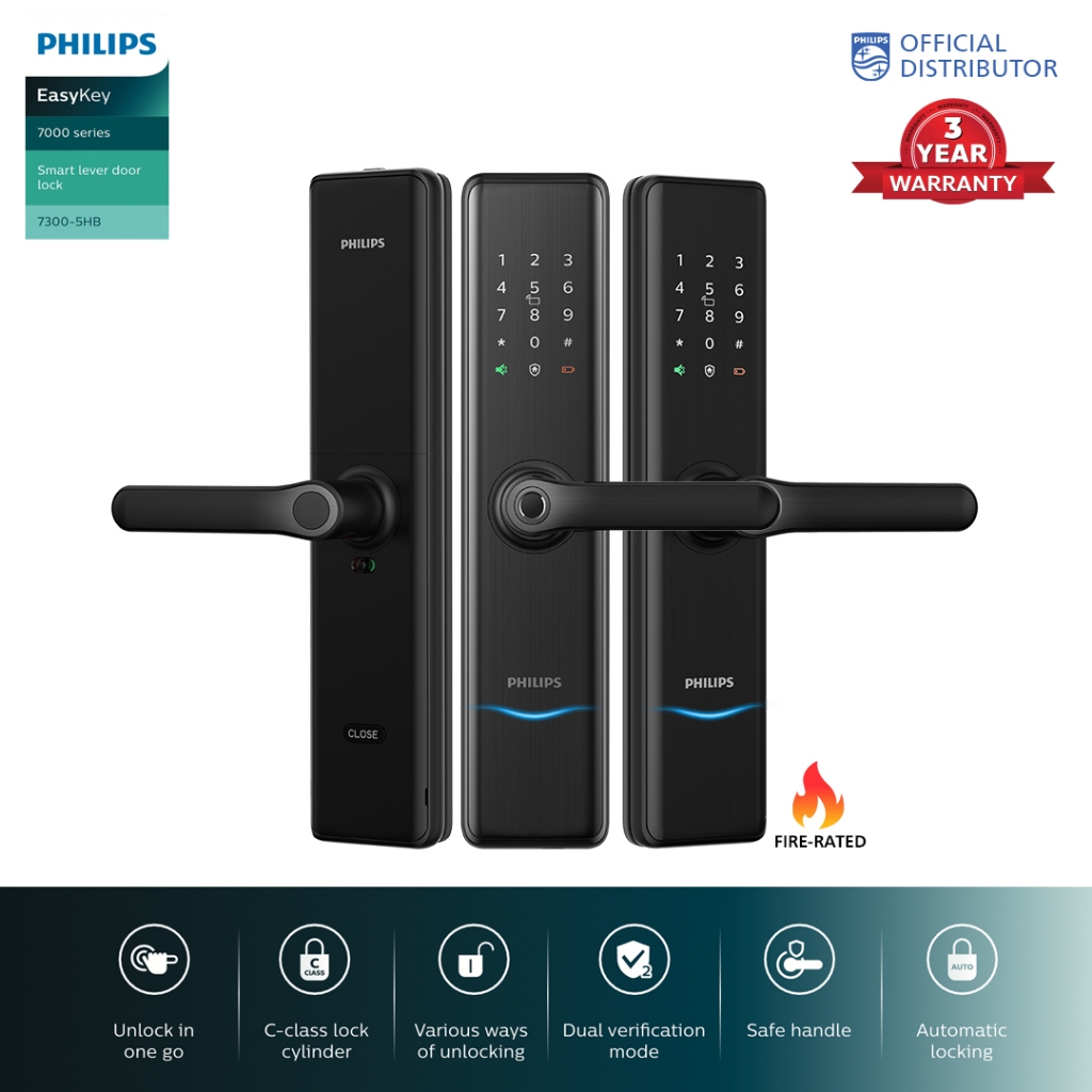 [Official Distributor] Philips EasyKey 7300 Smart Lever Door Lock (3 ...