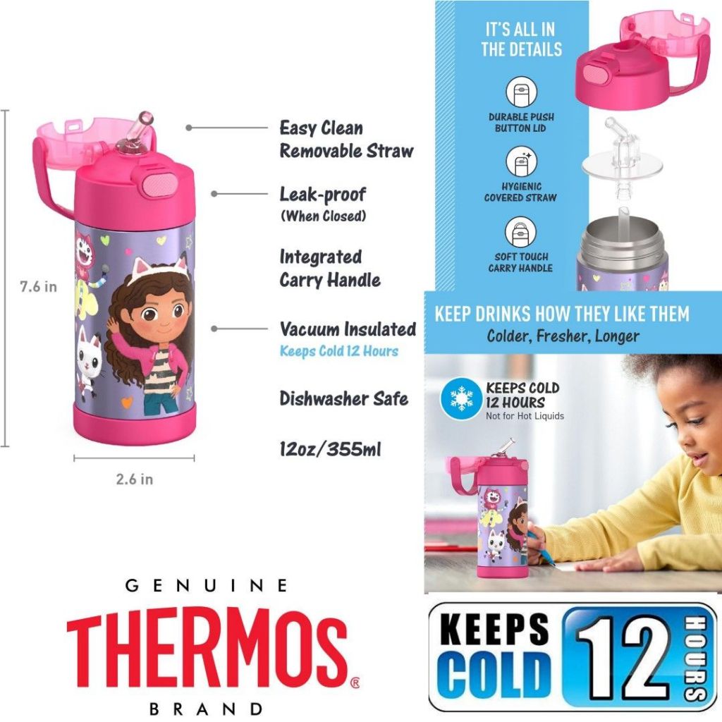 THERMOS FUNTAINER 12 Ounce Gabby's Dollhouse Stainless Steel Vacuum Insulated Kids Straw Water ...