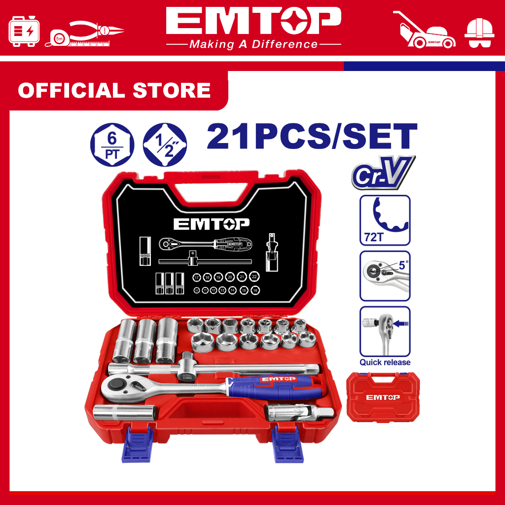 EMTOP 21 Pcs 1/2" Combination Driver Socket Set with Ratchet Torque Wrench Screwdriver Bit Auto ...