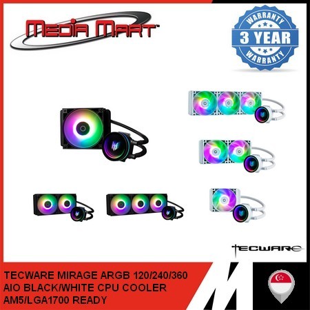 TECWARE MIRAGE ARGB 120/240/360 AIO BLACK/WHITE CPU COOLER AM5/LGA1700 ...