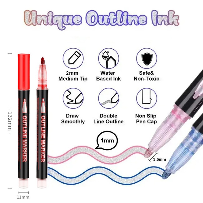 8/12/24/36 Colors Double Line Outline Pen Metallic Markers Glitter ...