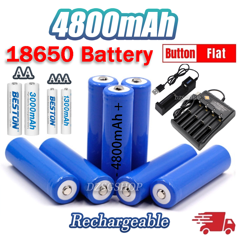 【FS Durable】18650 Battery 4800mAh 3.7V Lithium Rechargeable Battery AAA ...
