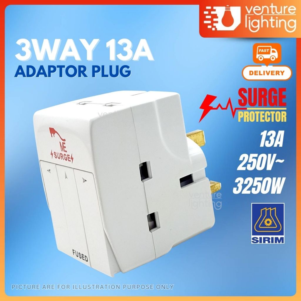 13A 3WAY Adaptor Surge Protector Neon Light Safety Shutter 13A Easy for ...