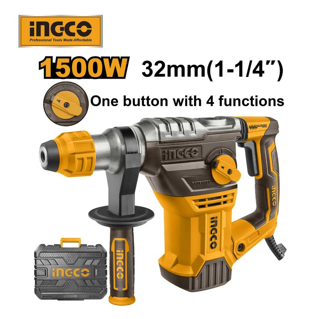 INGCO 1500W 32mm SDS plus Rotary hammer With 3 drills and 2 chisels for ...