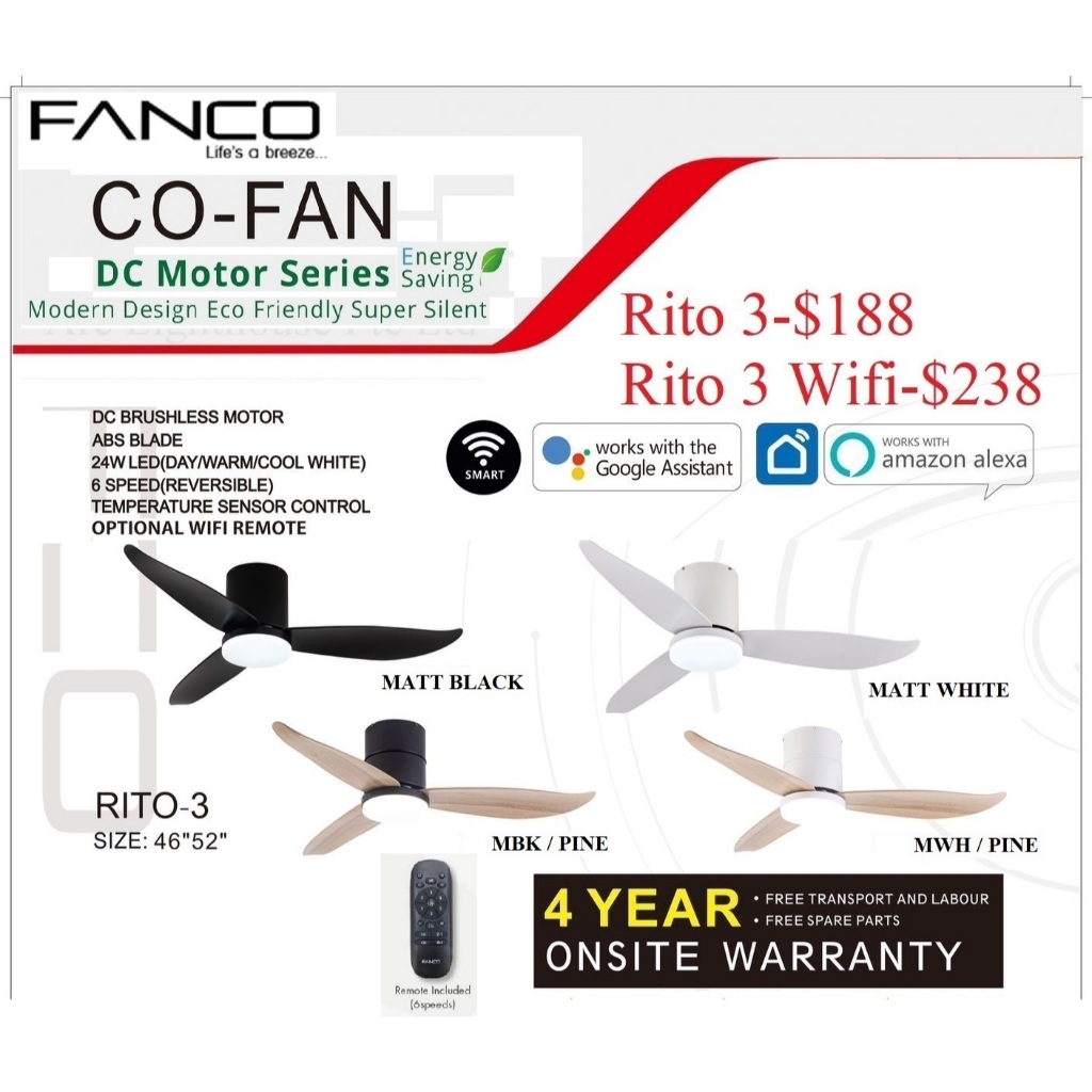 FANCO Rito3 Rito5/WiFi DC Ceiling Fan + Remote(Optional Wifi) + 24W ...