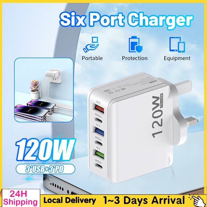 🔥120W Fast Charger 6 Ports 3 USB+3 Type C Fast Charge Phone Power ...