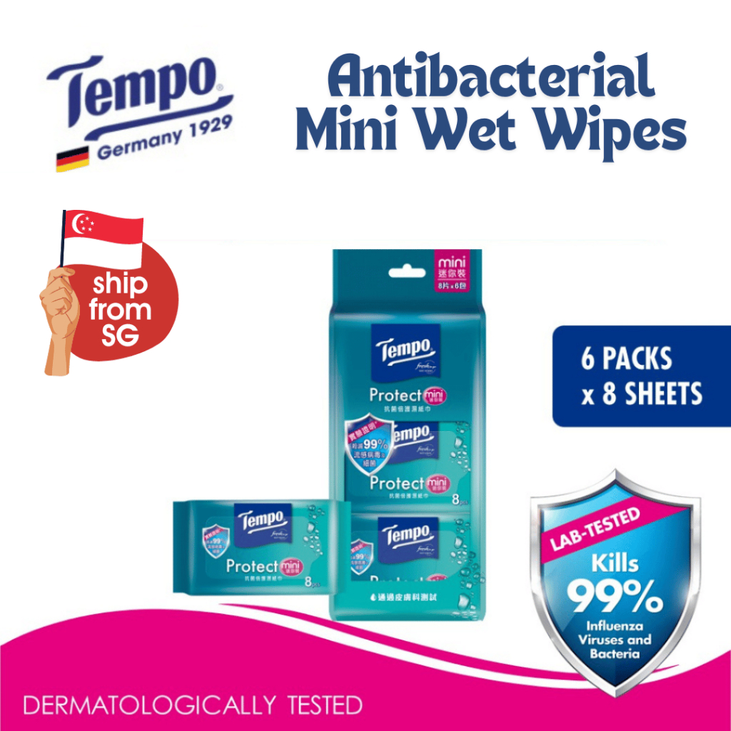 Antibacterial Mini Wet Wipes Tissue - TEMPO Travel Pack 6 × 8 Sheets ...