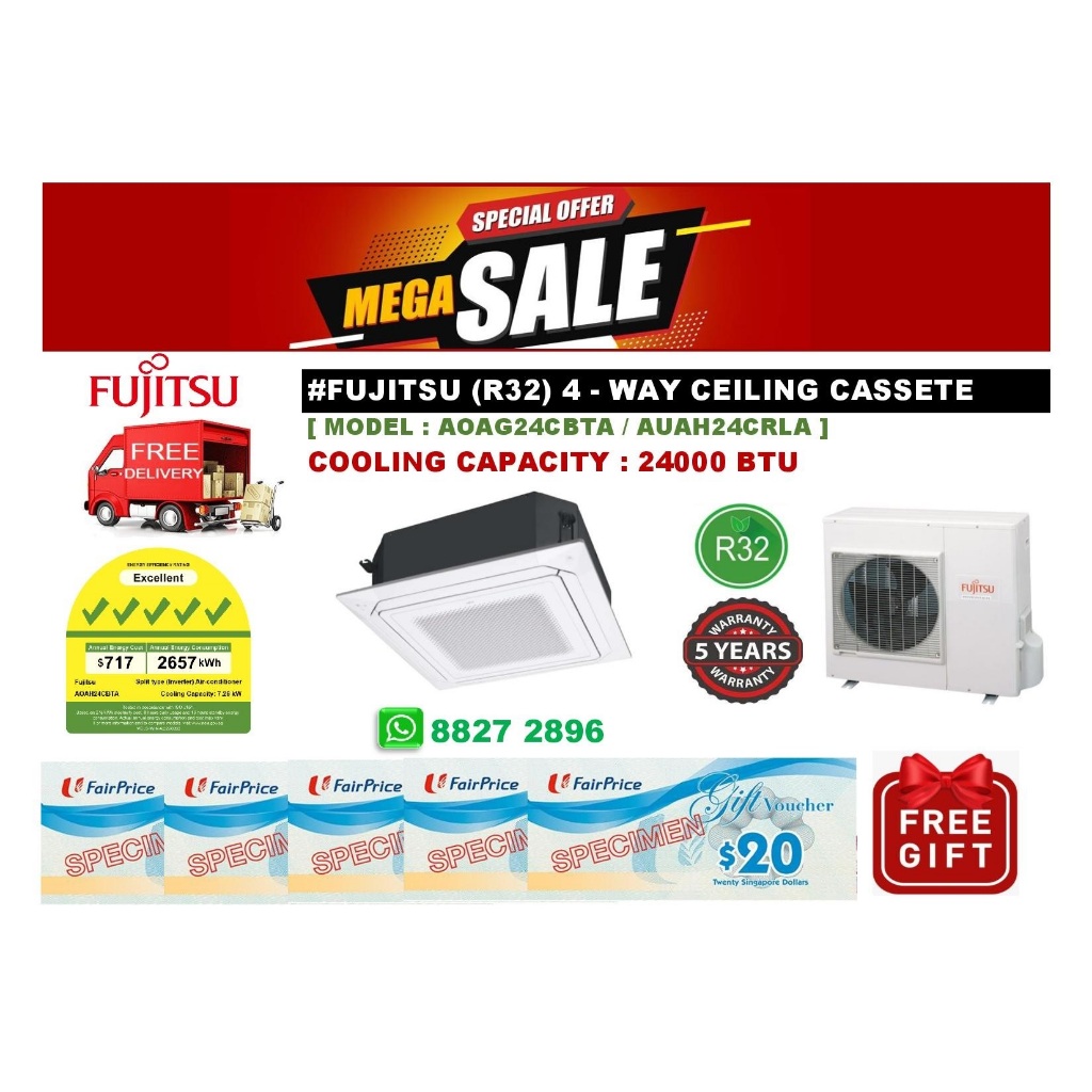 Fujitsu R32 Ceiling Cassette 24000 BTU + FREE NTUC VOUCHER + FREE ...
