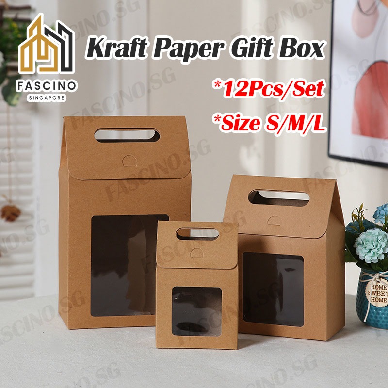 【SG】12Pcs Portable Kraft Paper Gift Box With Handle Clear Window Candy ...