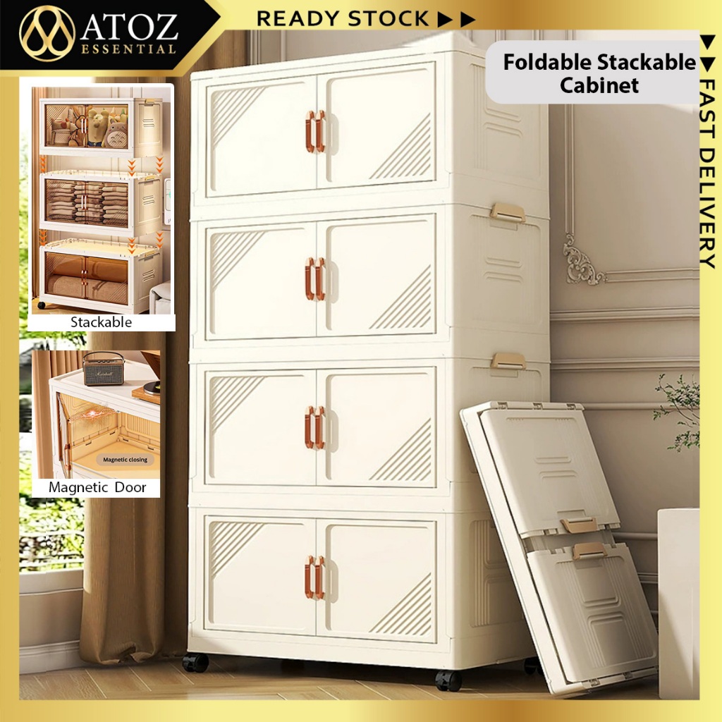 ⚡️SG Stock⚡️Foldable Stackable Storage Cream White Cabinet with 360 ...