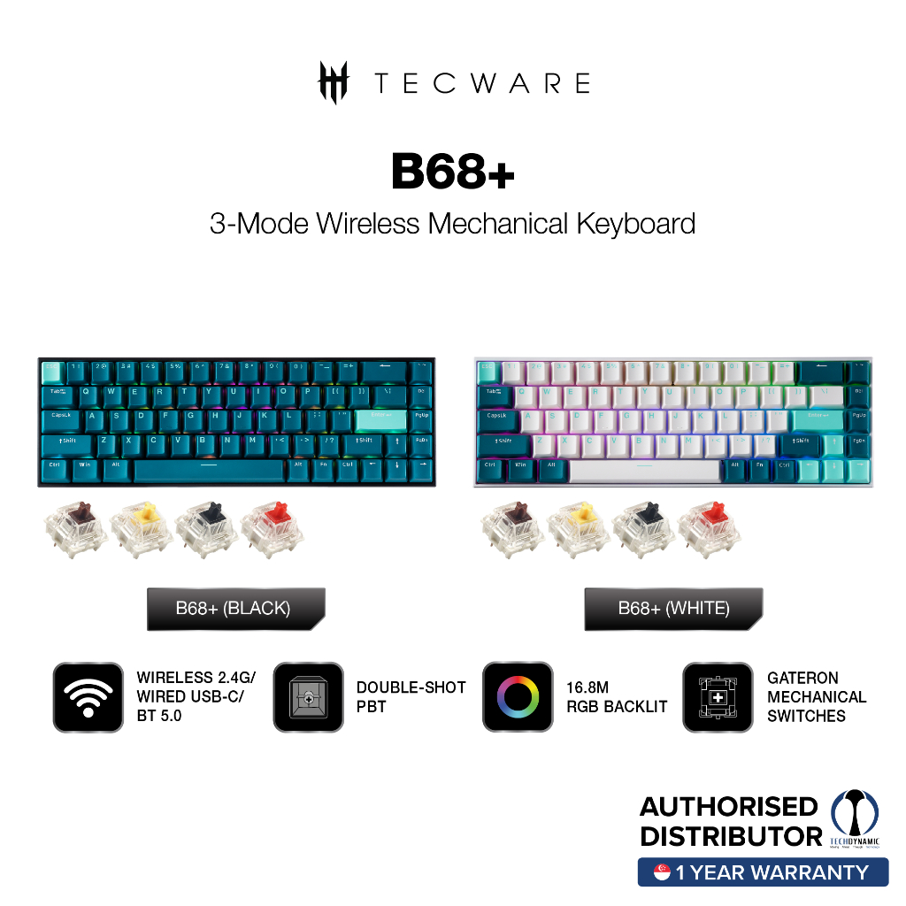 TECWARE B68+ RGB Backlit 3 Mode Wireless Mechanical Keyboard, 68Key, BT ...