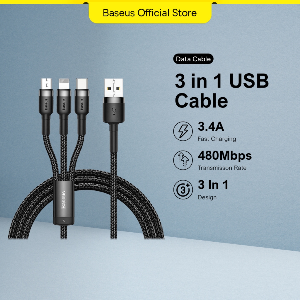 Baseus 3 in 1 USB Cable Multi Charging Cable USB to M+L+C For iPhone ...