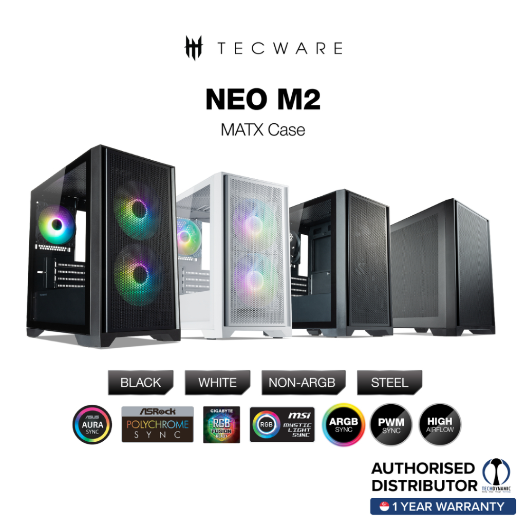 TECWARE Neo M2 Steel / TG Black / ARGB TG MATX Case, 2 x 140mm ARGB ...