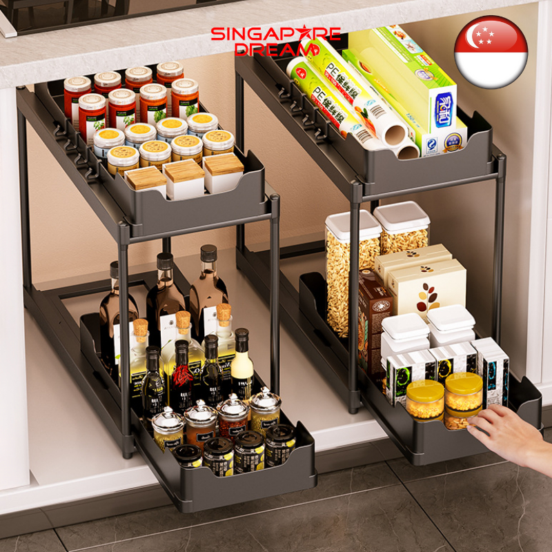 Under Sink Rack PP Plastic 2 Tier with Drawer Bathroom Kitchen Cabinet ...