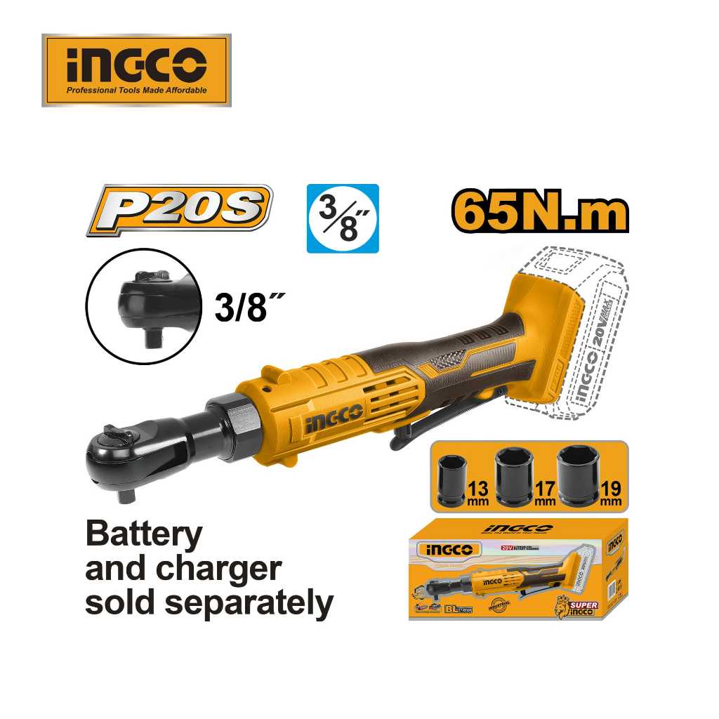 INGCO 20V 65Nm Cordless drive ratchet With 3 Pcs sockets CDRLI2060151 ...