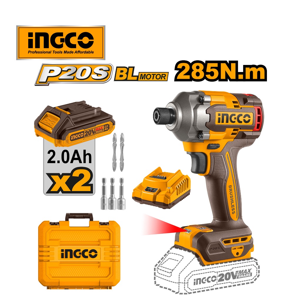 INGCO 20V Brushless Cordless High-Torque Impact Driver Set with 2.0Ah ...