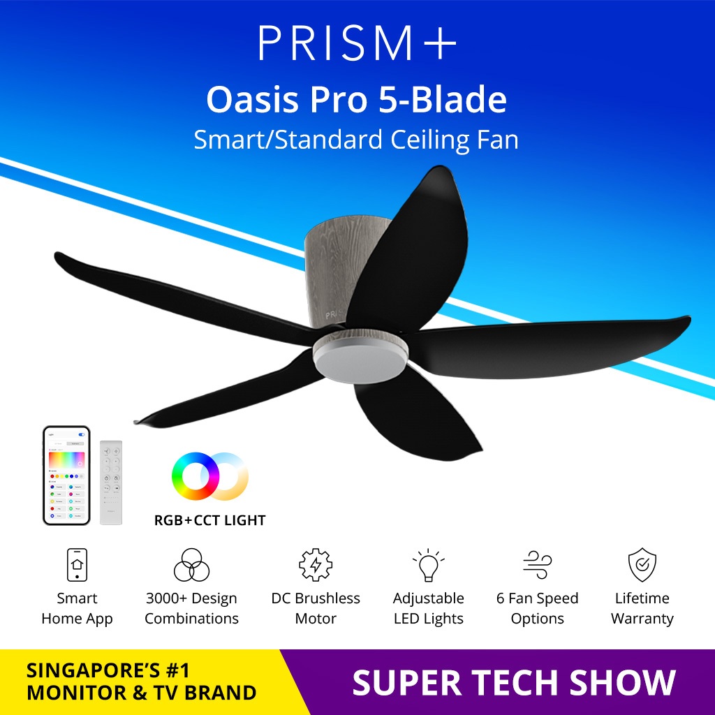 PRISM+ Oasis Pro Ceiling Fan | 5 Blades | Integrated Dimmable Lights ...