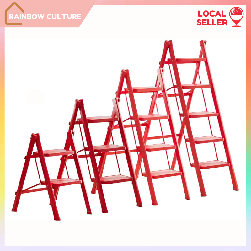 Red Folding Ladder / Lightweight Carbon Steel Ladder / Anti-Slip ...