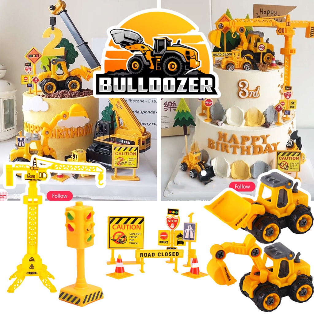 Bulldozer cake topper excavator model crane cake toy figurine transport ...