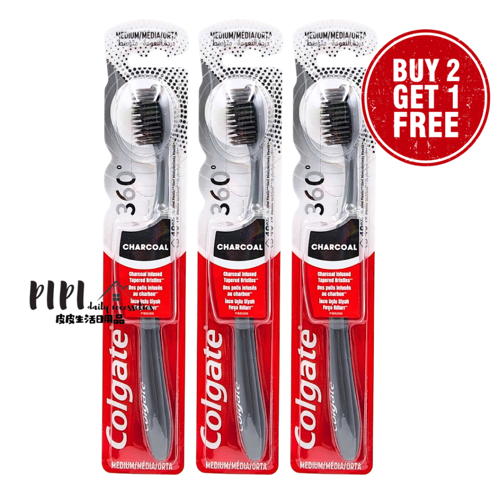 Colgate Toothbrush 360 Charcoal Black Medium 2s Free 1s | Shopee Singapore