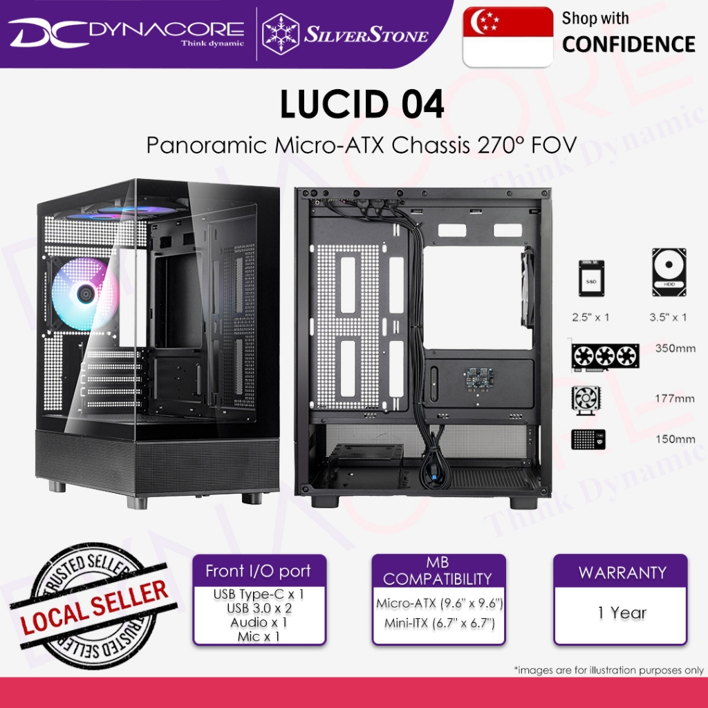 Silverstone Lucid 04 LD04 Panoramic BLACK ARGB TEMPERED GLASS Micro-ATX Chassis with a Striking ...