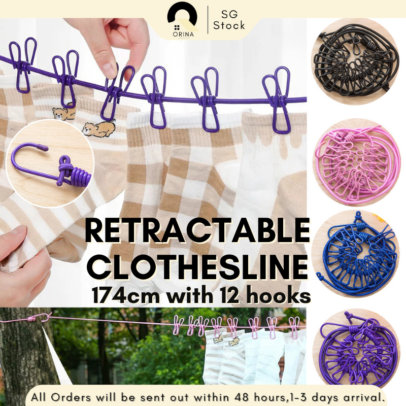 [SG] 174cm Portable Clothes Line with 12 Pegs Retractable Clothesline ...