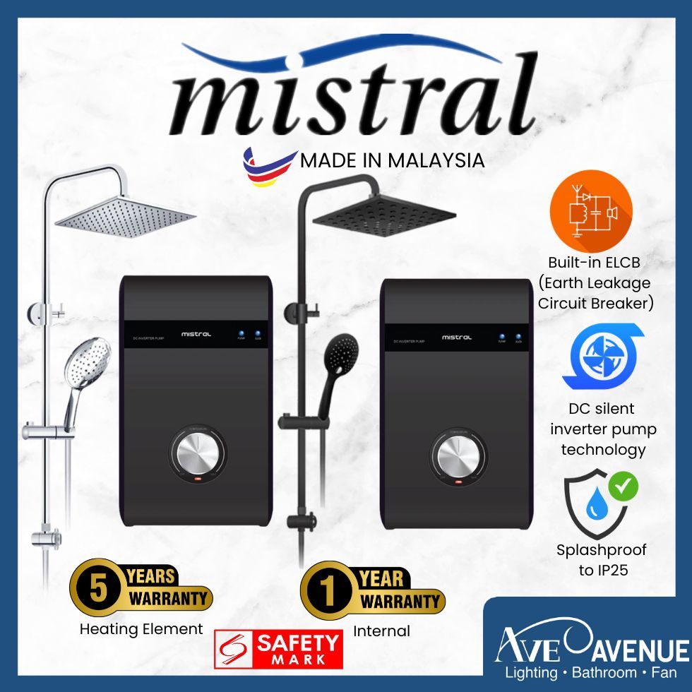 Mistral MSH88P Instant Water Heater with DC pump and Rain Shower Holder Set [Optional ...