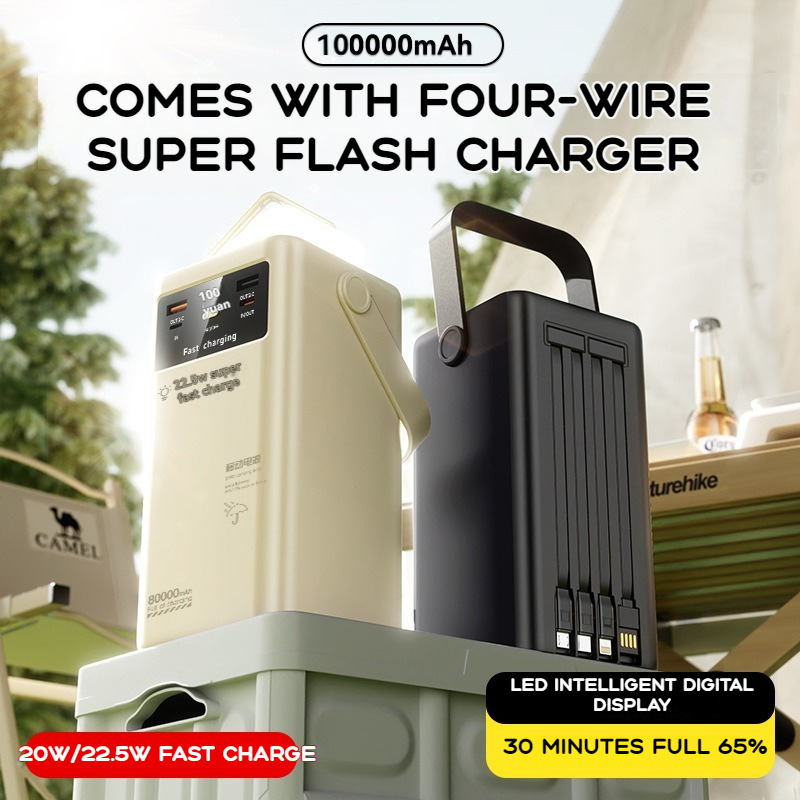 🚀 22.5W 100,000mAh Fast Power Bank + Camp Light | 4 Cables⚡6X Fast ...