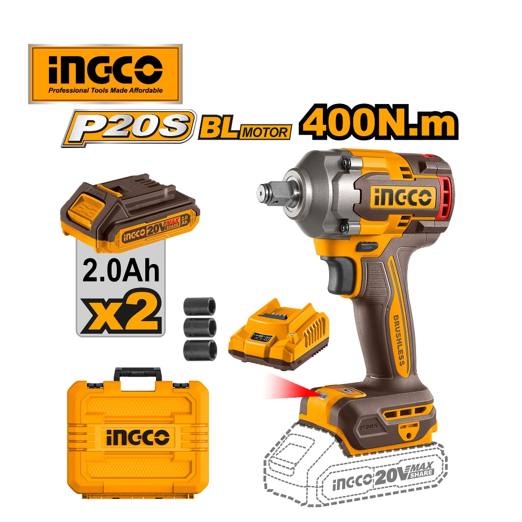 INGCO 20V 400Nm Max Li-Ion Cordless Impact Wrench with 3-Speed Control ...