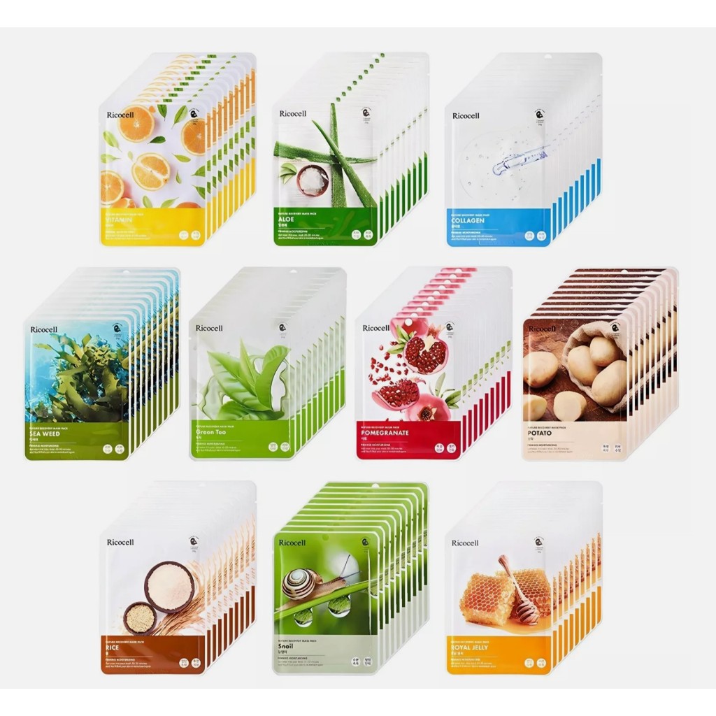 K-Beauty Ricocell Nature Recovery Mask Pack 23ml Set - 10 Types x 10 ...