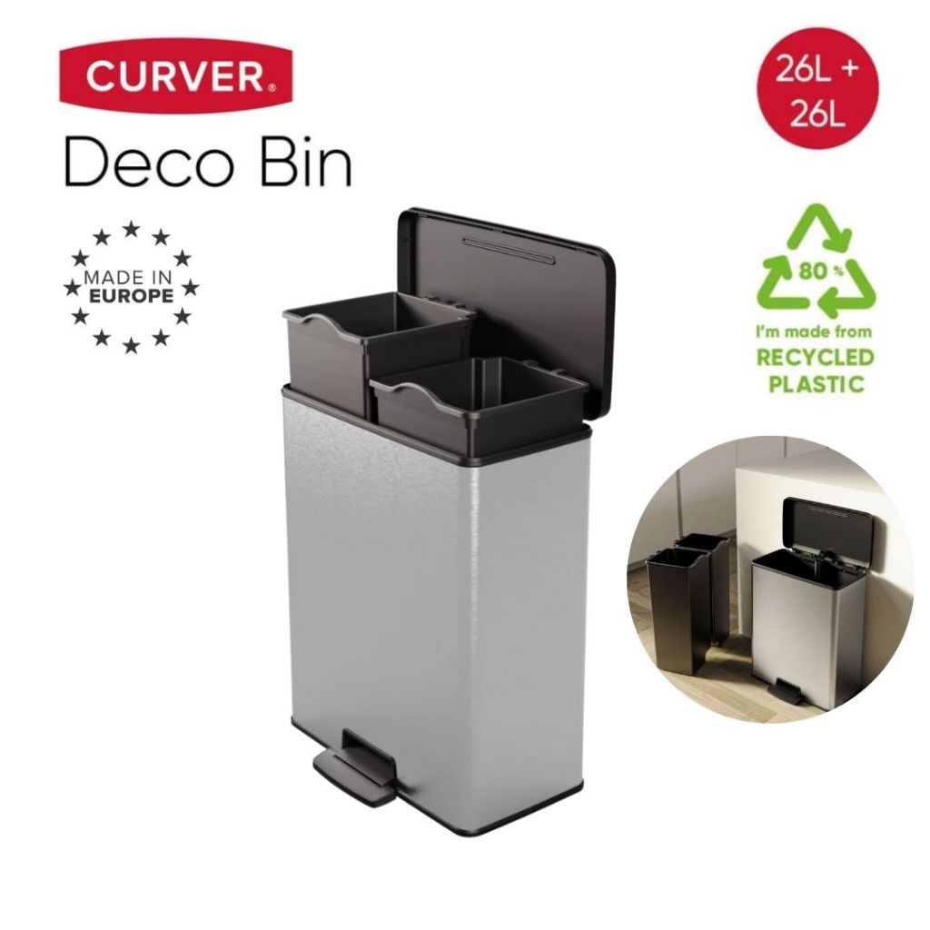 CURVER Deco Recycling Waste Pedal Bin Soft Close 26 + 26L Silver Home ...
