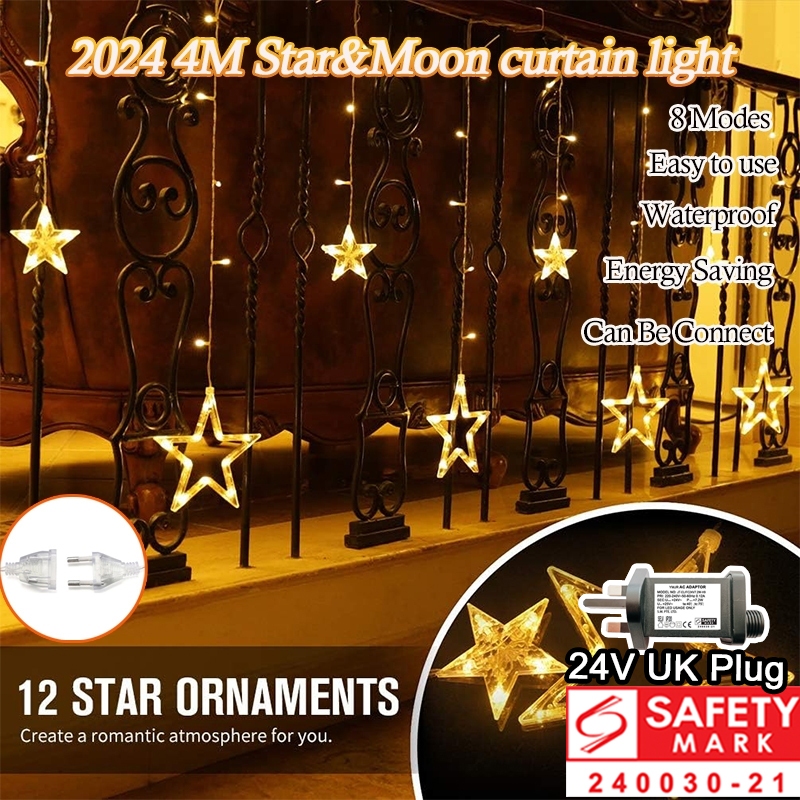 Lampu Raya 4.5M Star Moon Hari Raya Lights 8 Modes LED Curtain String ...
