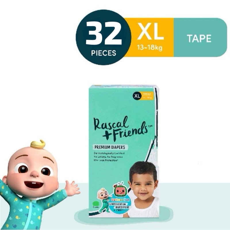 Rascal + Friends Cocomelon XL tape diapers 32 pieces | Shopee Singapore