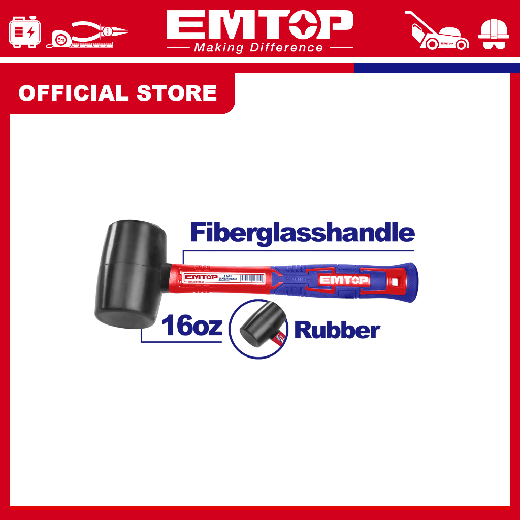 EMTOP Rubber Hammer 16oz Rubber Mallet With Fiberglass Handle For ...