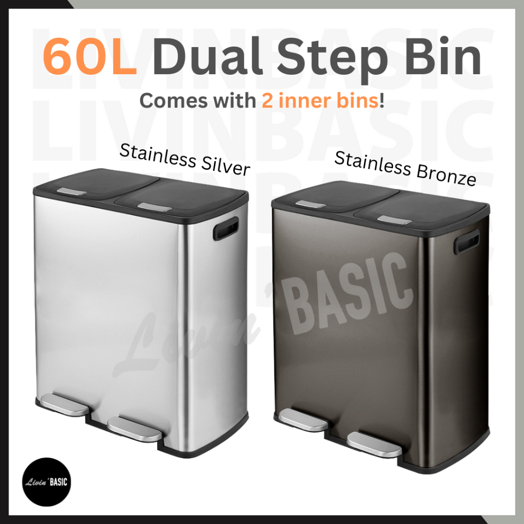 40L 60L Dual Foot Pedal Step Bin Extra Soft Closing Stainless Steel ...