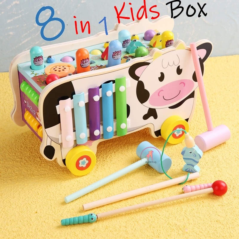 8 in 1 Kids Wooden Functional Play Box - Fun Activity Box Hammer ...