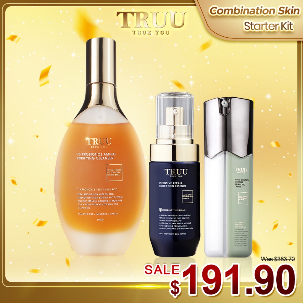 TRUU Combination Skin Starter Set - 76 Probiotics Cleanser + Copper Peptide Serum + 99 Oil ...