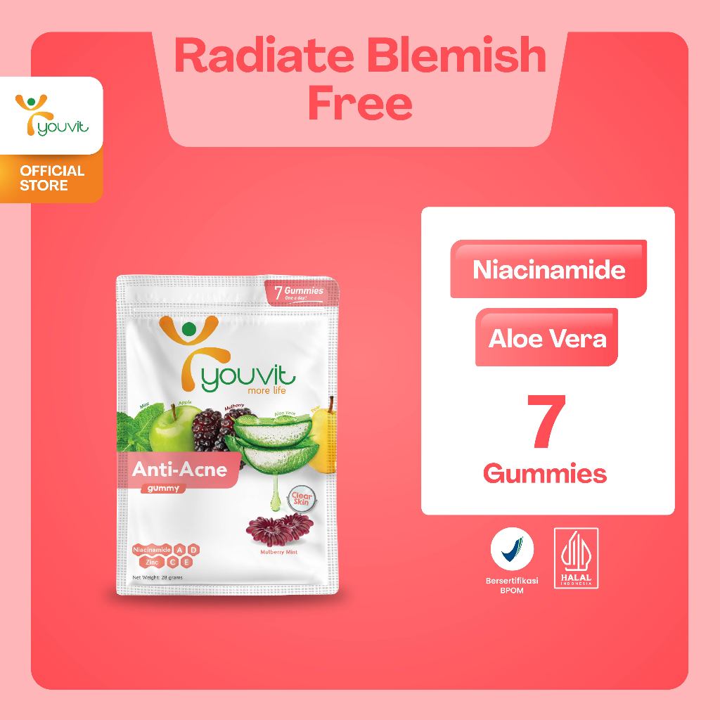 Youvit Anti-Acne Vitamin Gummy 7 Days with Niacinamide, Vitamin A ...