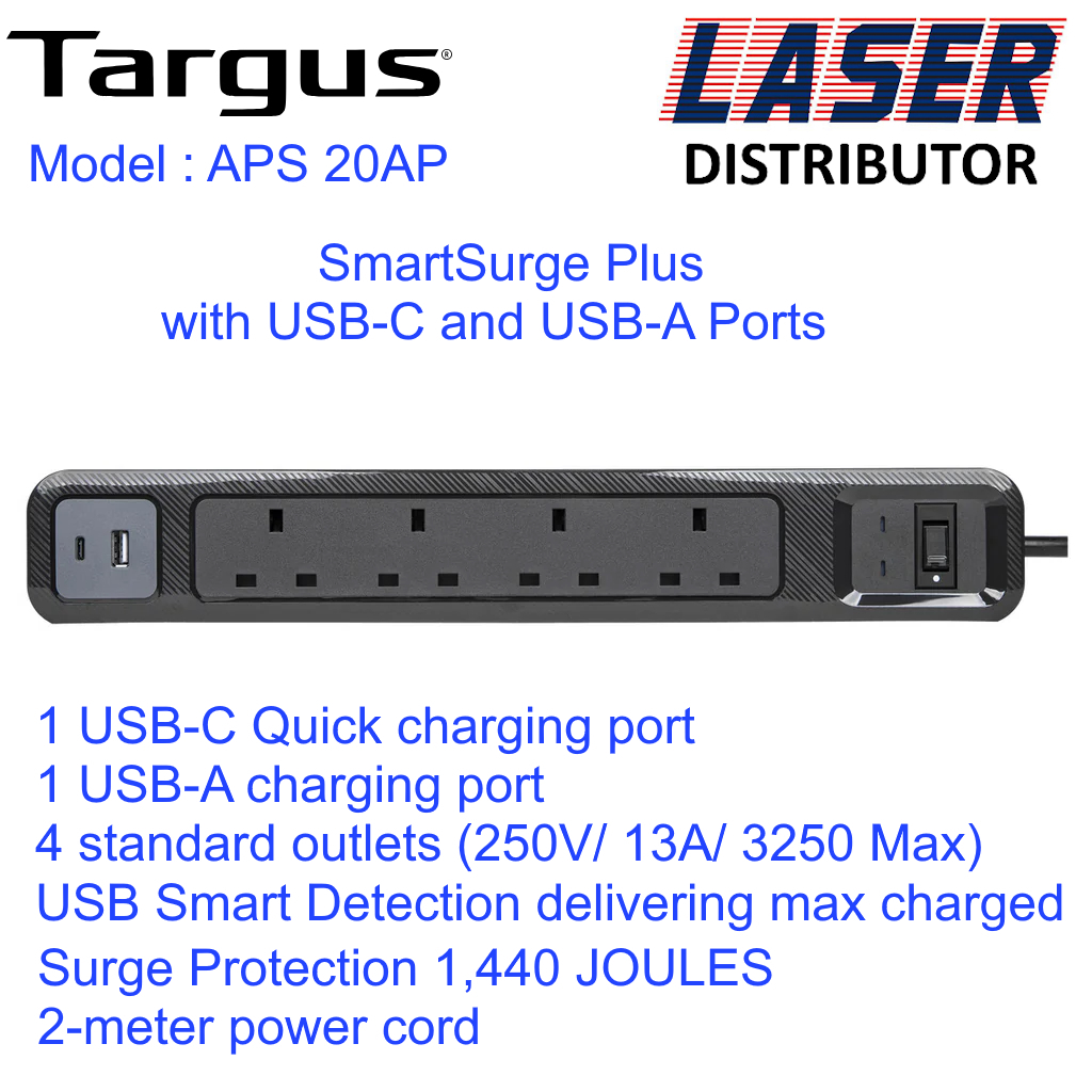 Targus SmartSurge Plus 4 Port Surge Protect Socket with USB-A and USB-C ...