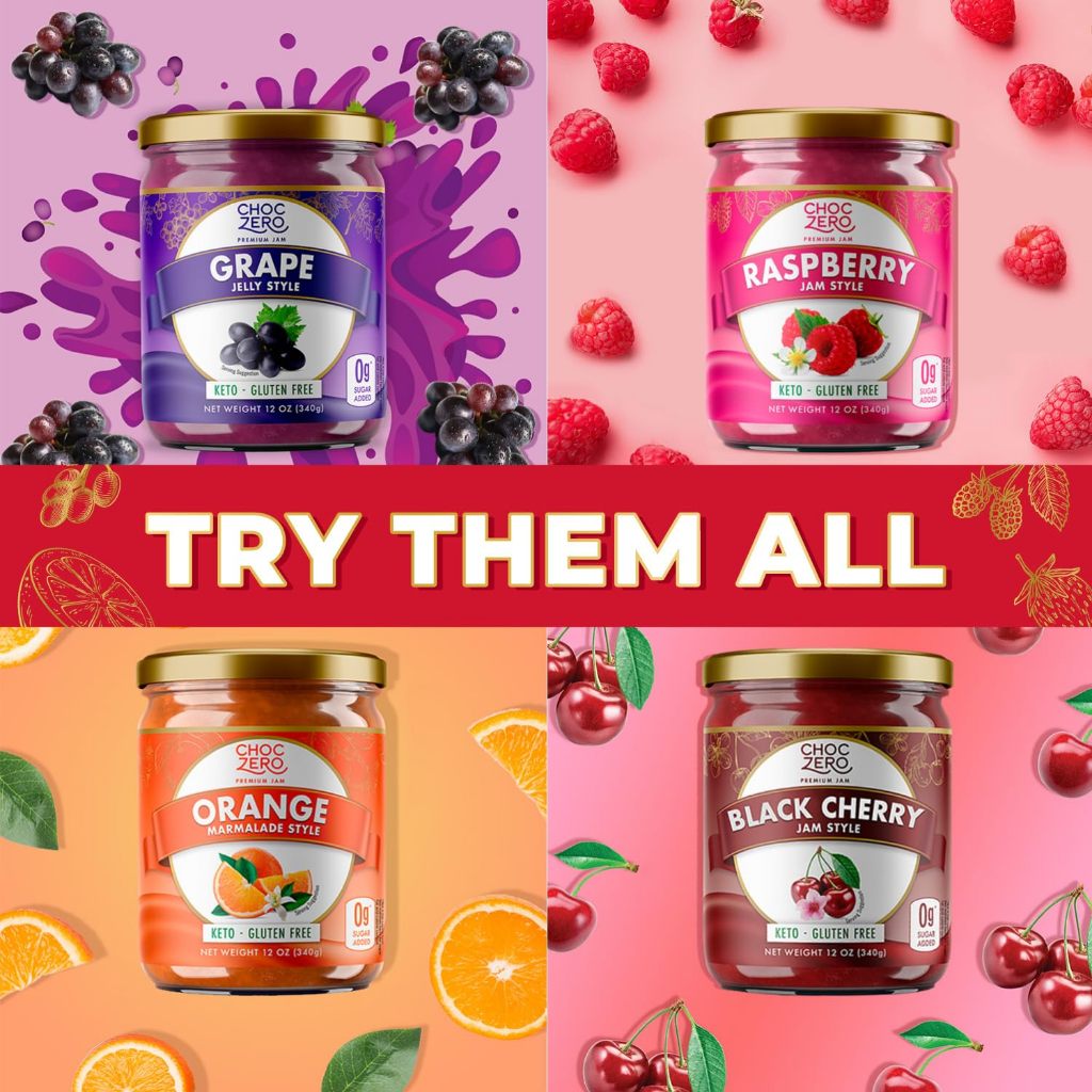 ChocZero Keto Vegan Jam Strawberry Raspberry Orange Grape Black Cherry ...
