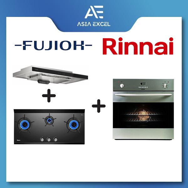 FUJIOH FR-MS2390R 90CM SLIMLINE HOOD + RINNAI RB-3CGN 3 BURNER GAS HOB + RINNAI RBO-7MSO 58L ...